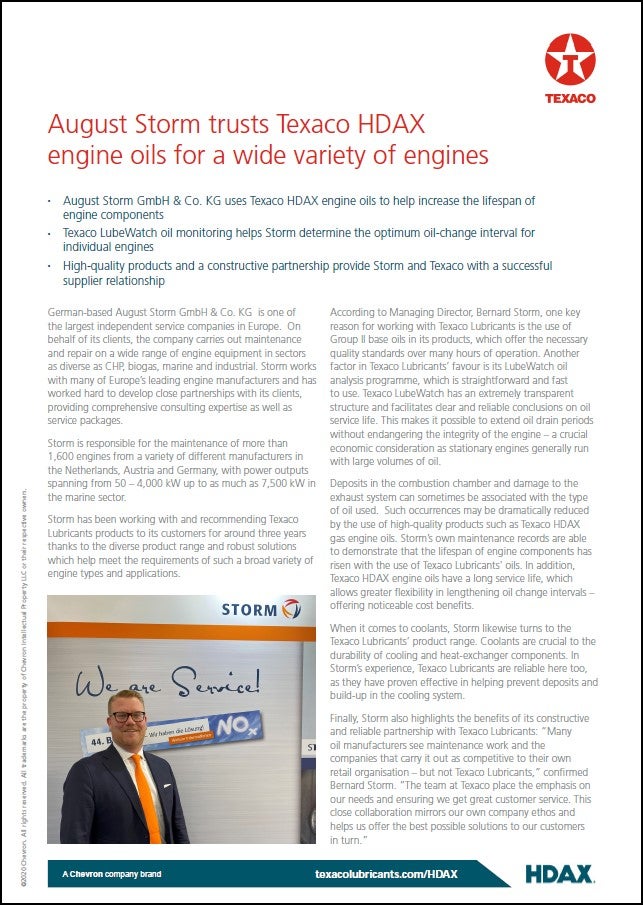 ENGIE Deutschland GmbH selects Texaco HDAX gas engine oils for new ...